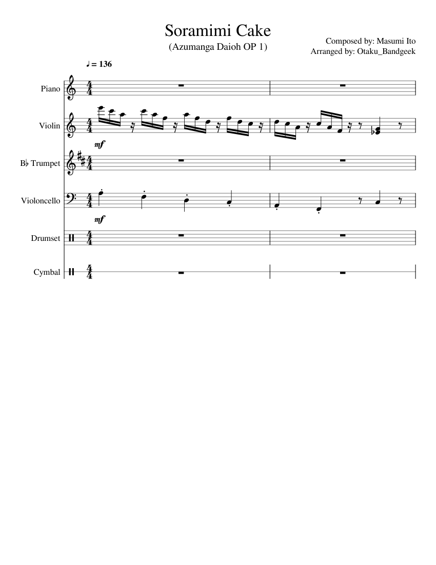 Soramimi Cake (Azumanga Daioh Op 1) Sheet Music for Piano, Trumpet in b ...