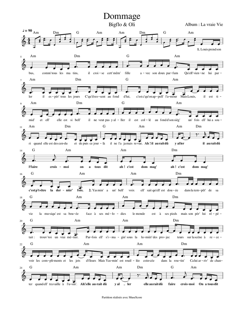 Dommage (BigFlo & Oli) avec accords Sheet music for Vocals (Solo ...