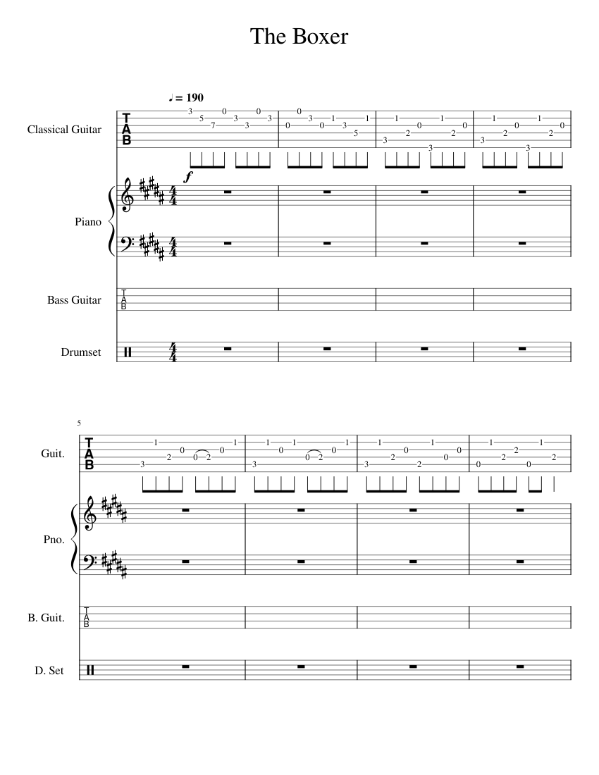 The Boxer Sheet Music for Piano, Guitar, Bass guitar, Drum group (Mixed ...