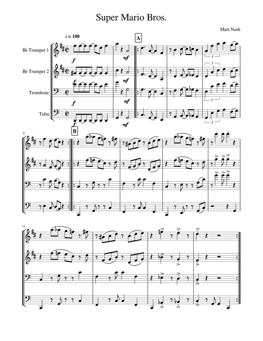 Super Mario Bros Theme 3 Sheet music for Trombone, Tuba, Trumpet in b ...