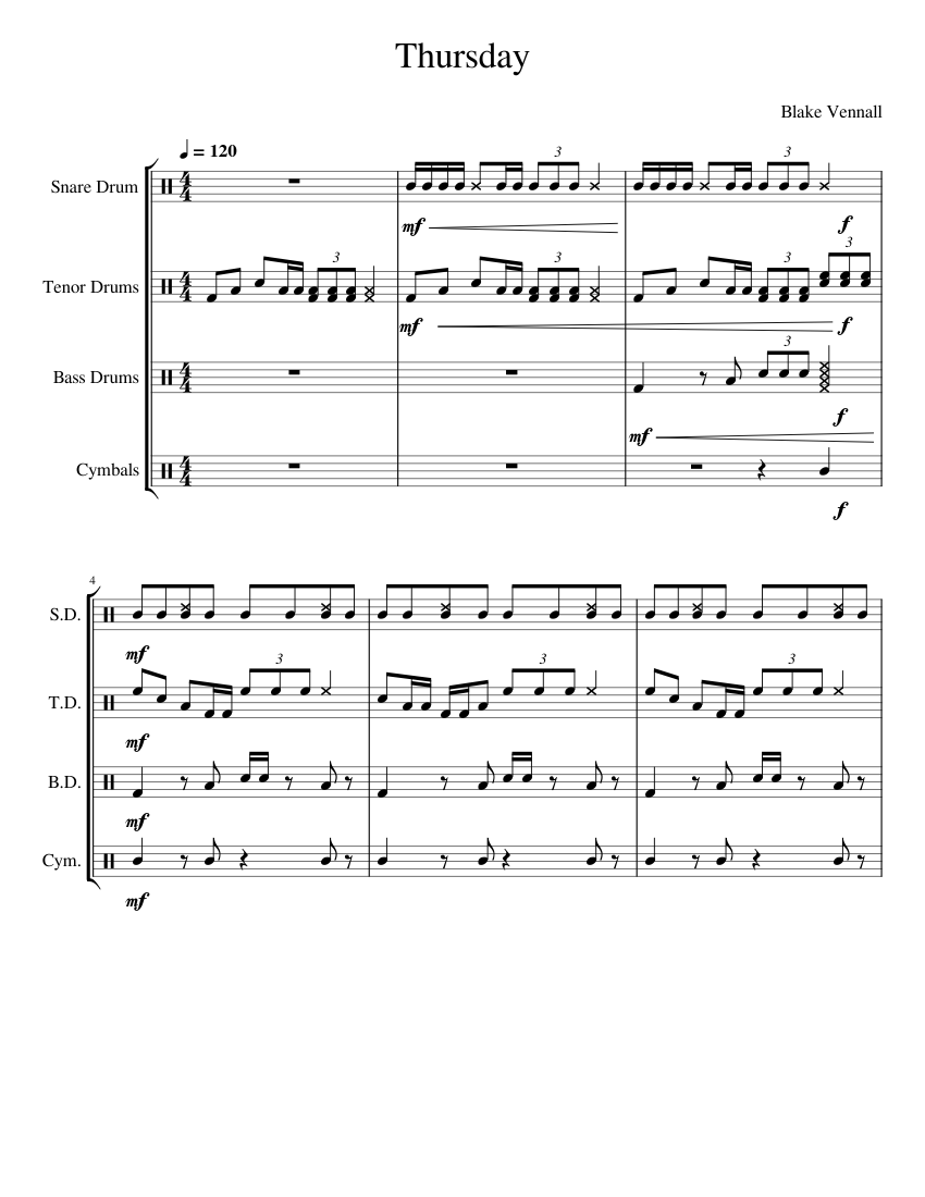 Thursday Sheet music for Snare drum, Crash, Tenor drum, Bass drum (Drum ...