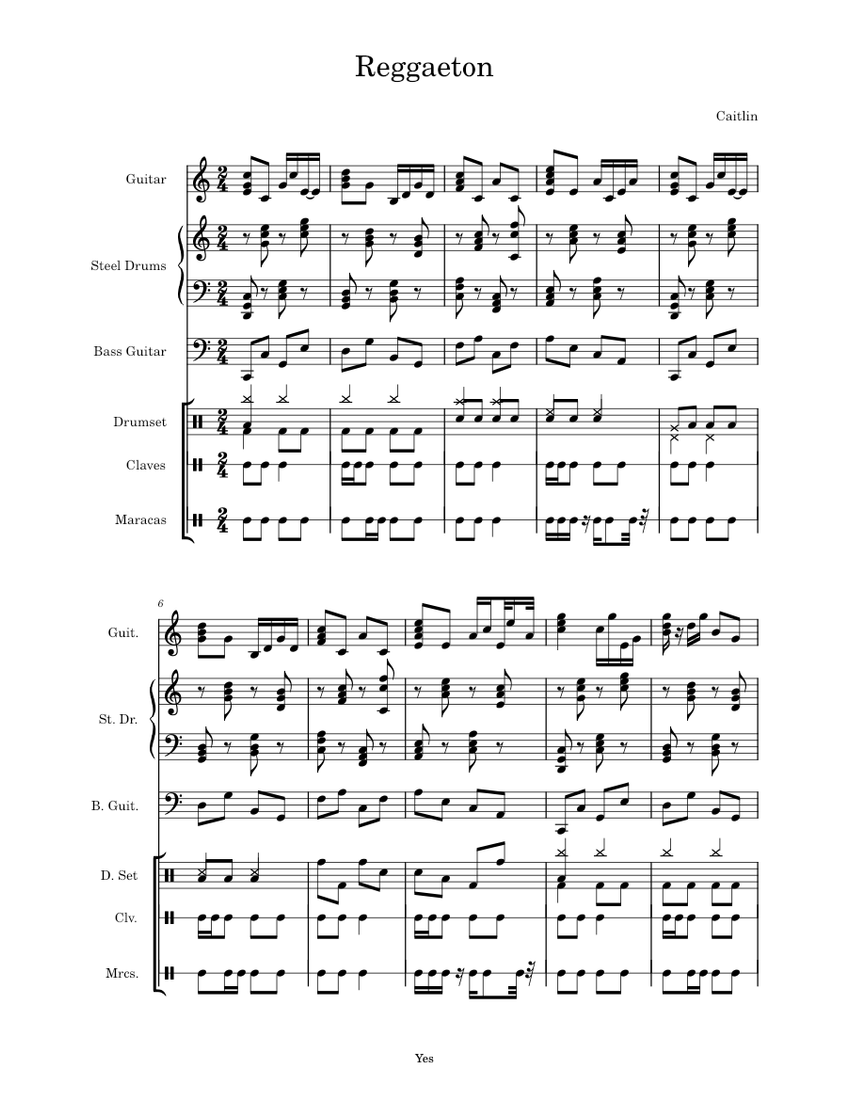 Reggaeton Sheet music for Guitar, Bass guitar, Drum group, Claves ...