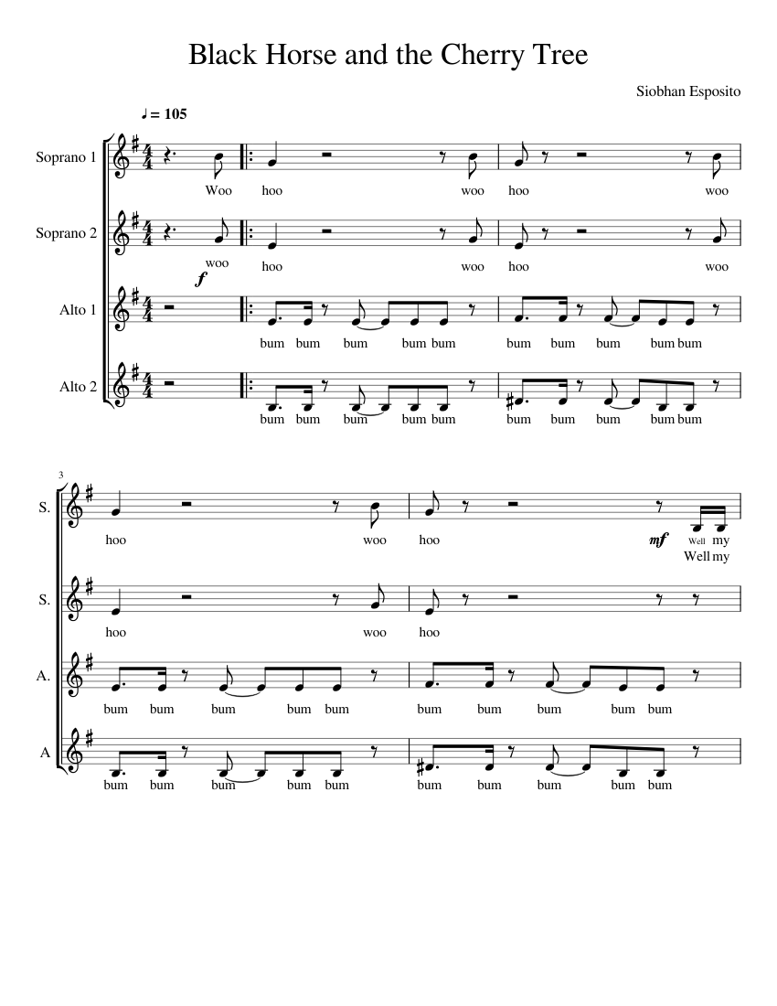 Black Horse and the Cherry Tree Sheet Music for Soprano, Alto, Tenor ...