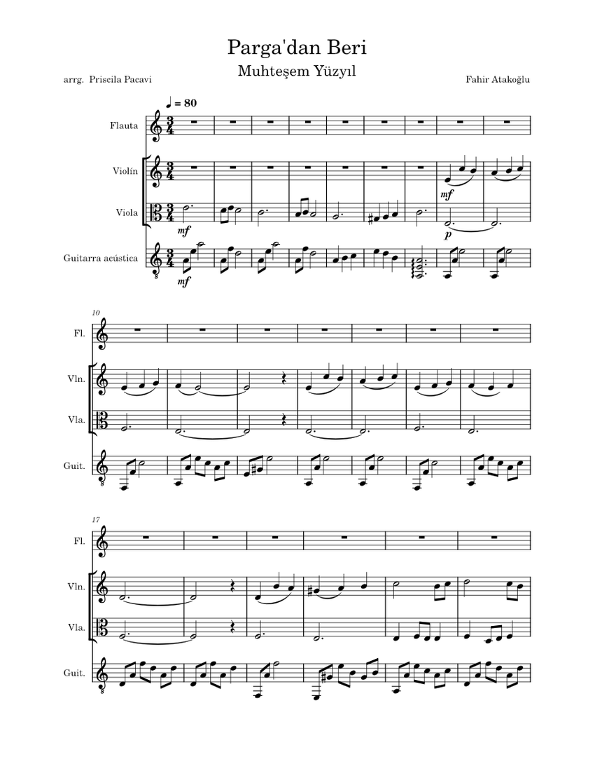 Parga'dan Beri Sheet music for Flute, Violin, Viola, Guitar (Mixed ...