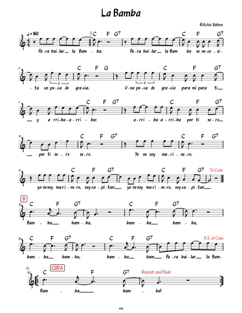 La Bamba (Lead sheet with lyrics ) Sheet Music with Chords for Piano ...
