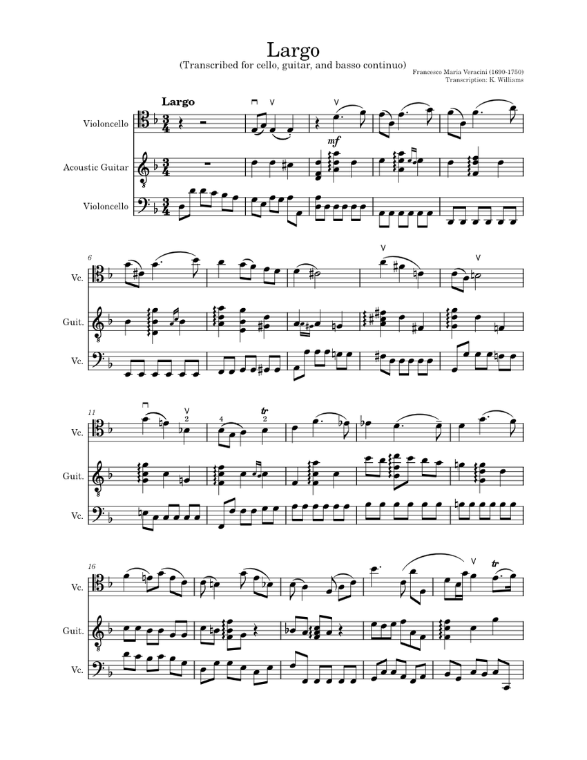 Largo – Francesco Maria Veracini Sheet Music and Tab for Cello, Guitar ...