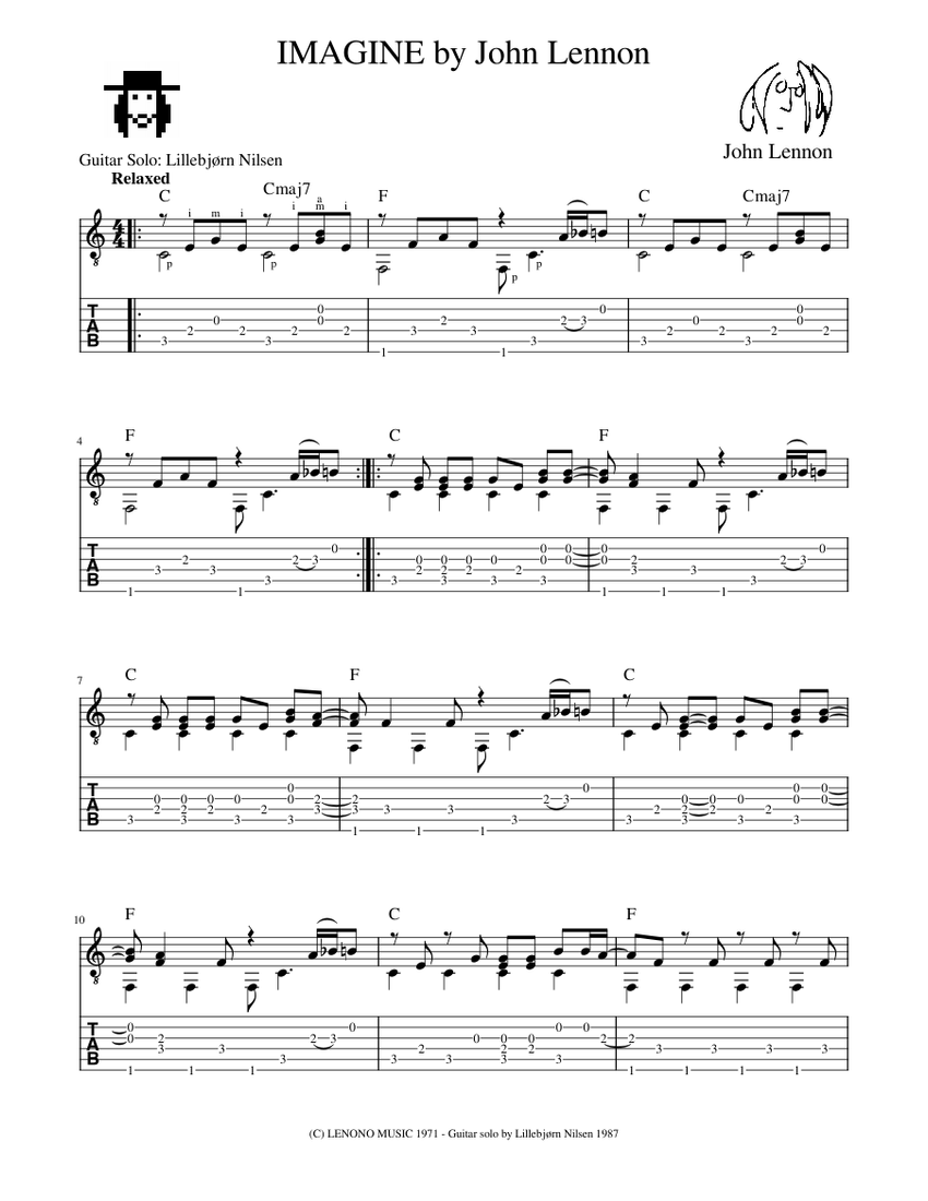 IMAGINE by John Lennon - Lillebjorn Nilsen Sheet Music and Tab with ...