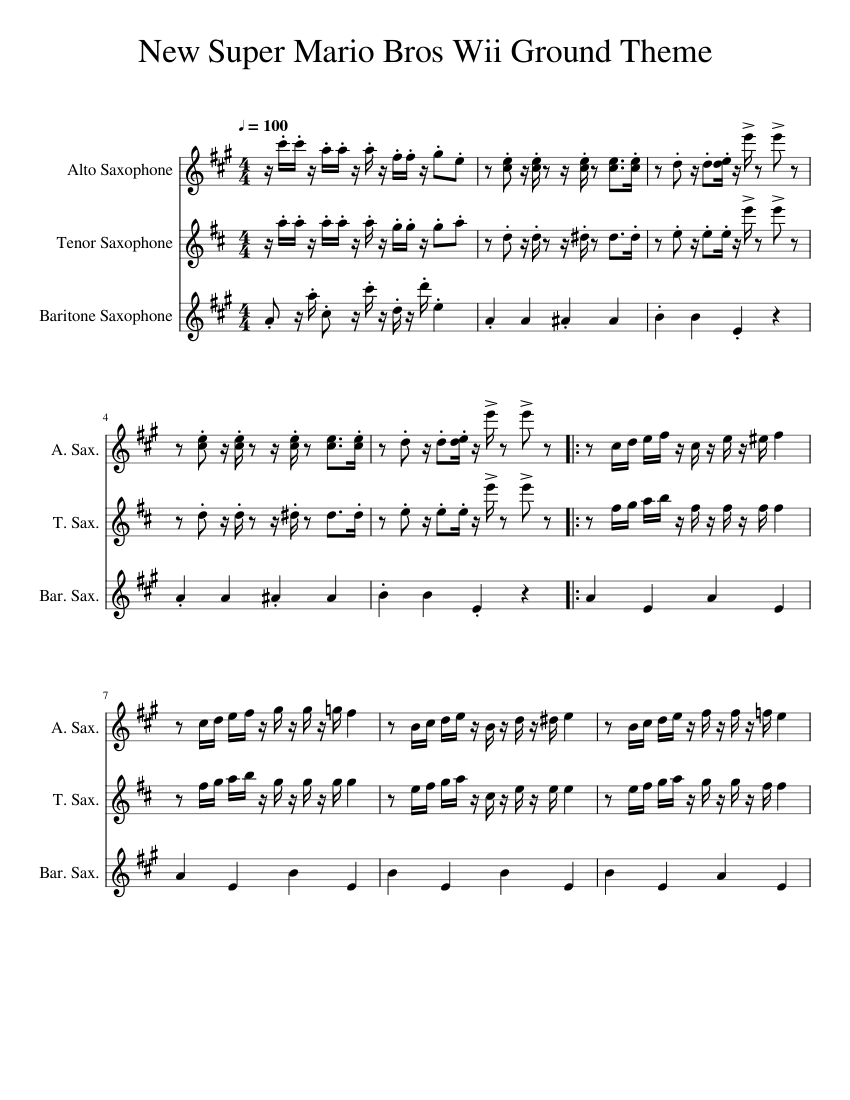 New Super Mario Bros Wii Ground Theme Sheet Music for Saxophone alto ...