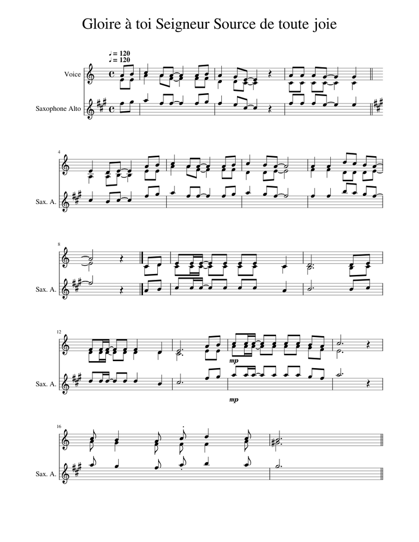 Gloire à toi Seigneur Source de toute joie Sheet music for Saxophone alto, Voice (other) (Mixed ...