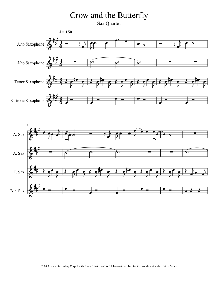 Crow and the Butterfly Sax Quartet (AATB) Sheet music for Saxophone ...