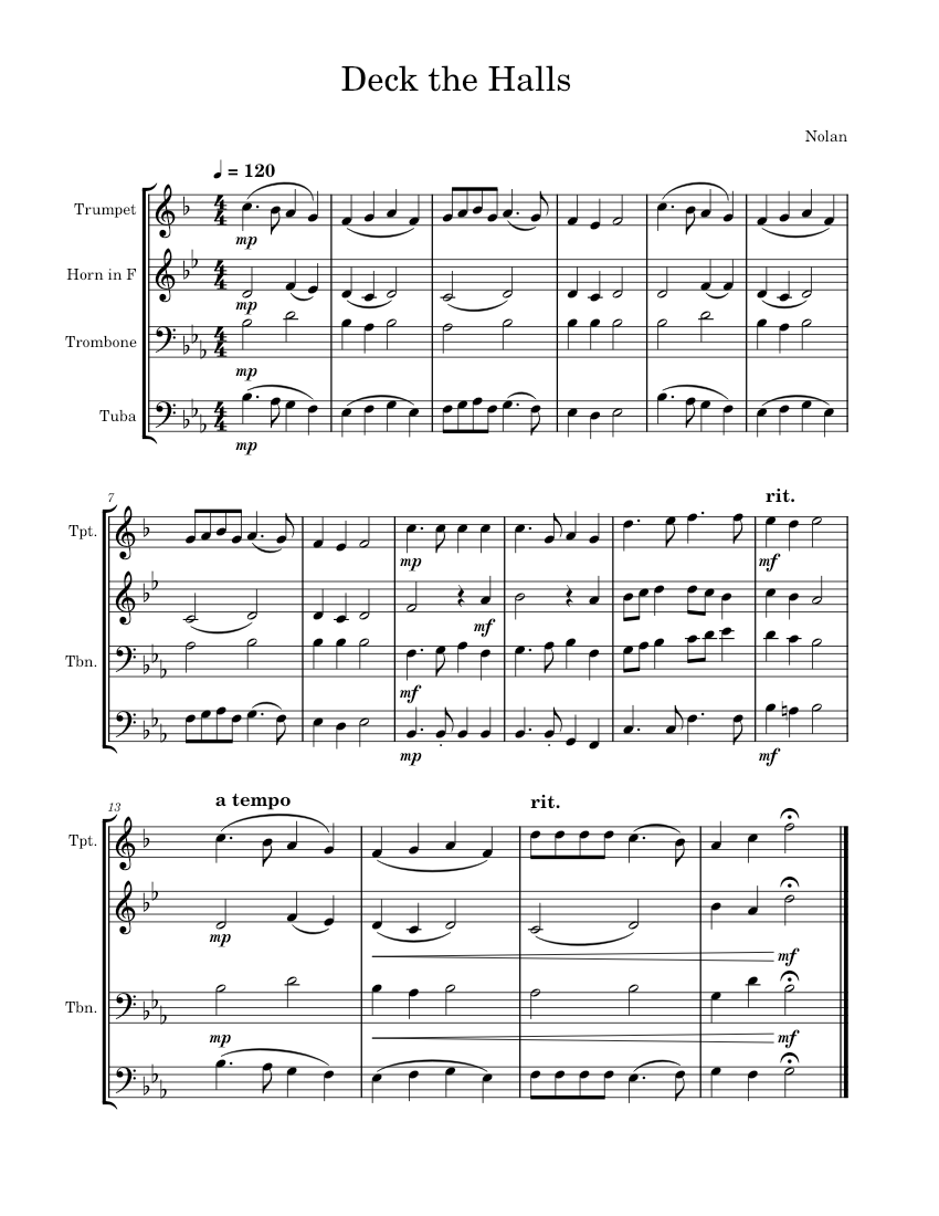 Deck The Halls Sheet Music for Trombone, Tuba, French horn, Trumpet ...