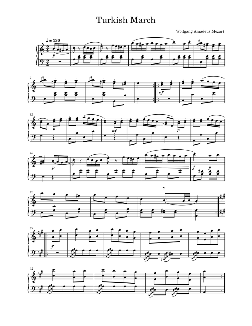 Turkish March / Rondo alla Turca - Piano Sonata No. 11 - Mozart Sheet ...