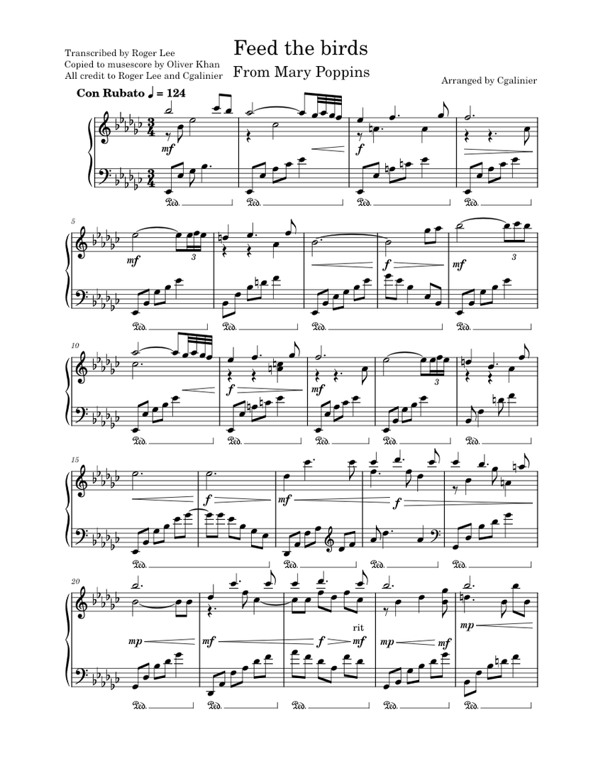 Feed the birds - Mary Poppins Sheet Music for Piano (Solo) | MuseScore.com