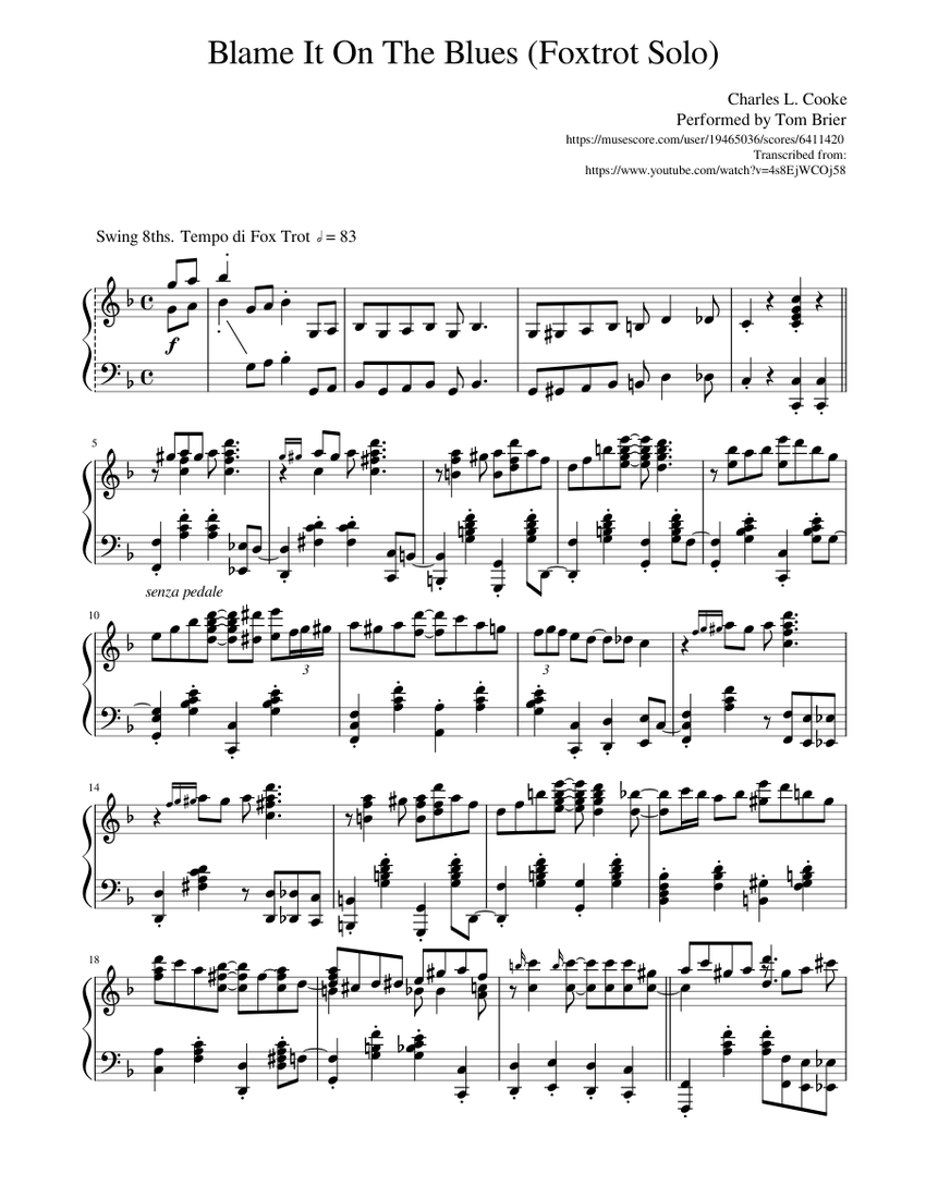 Blame It On The Blues (Foxtrot Solo by Tom Brier) Sheet music for Piano (Solo) | Musescore.com