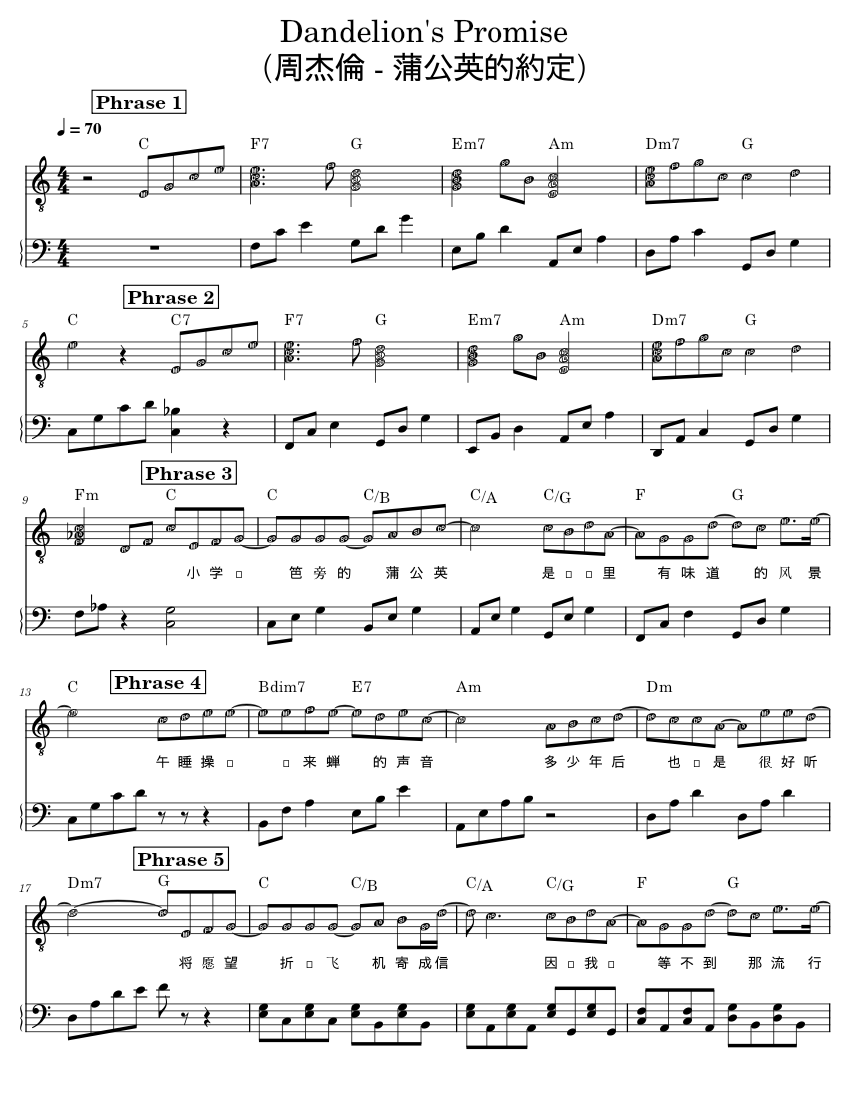 Dandelions Promise - 蒲公英的约定 - Jay Chou - Melody Chord Piano Sheet Music for Piano, Vocals (Piano ...