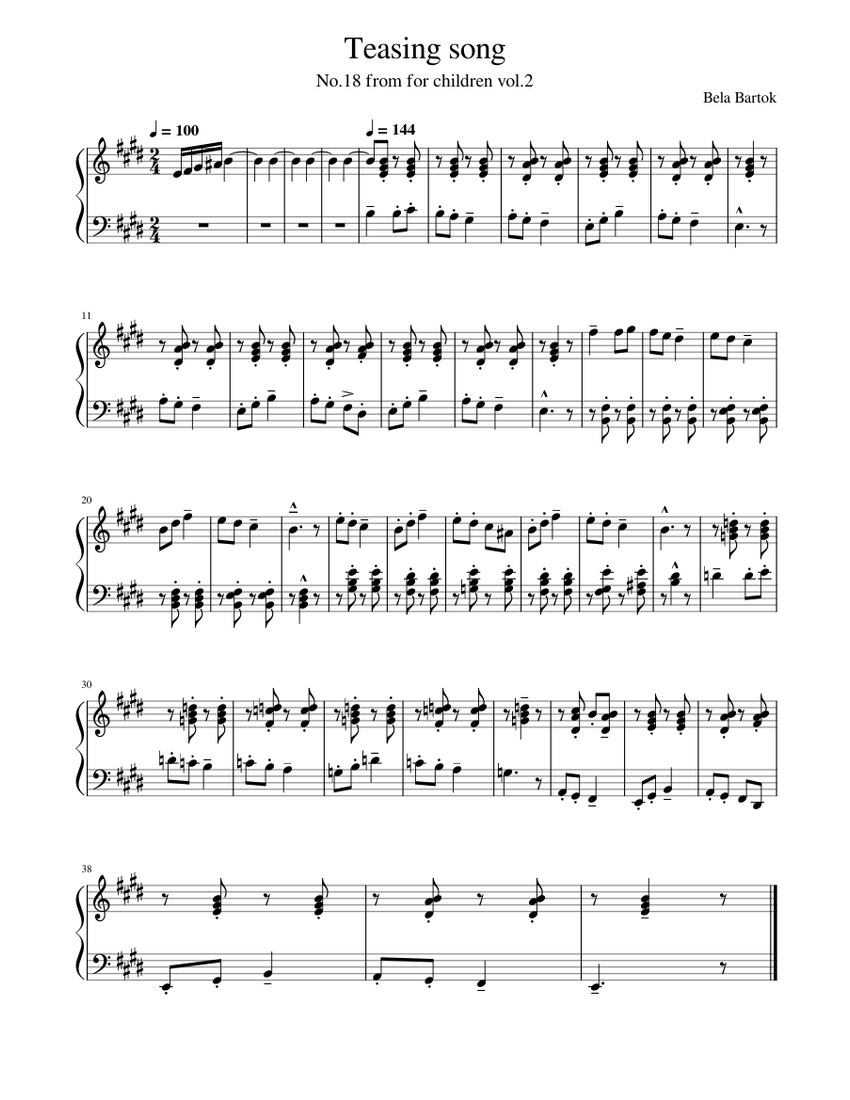 Teasing Song – Bela Bartok (sz.42 no.18) teasing song Sheet Music for Piano (Solo) Easy ...