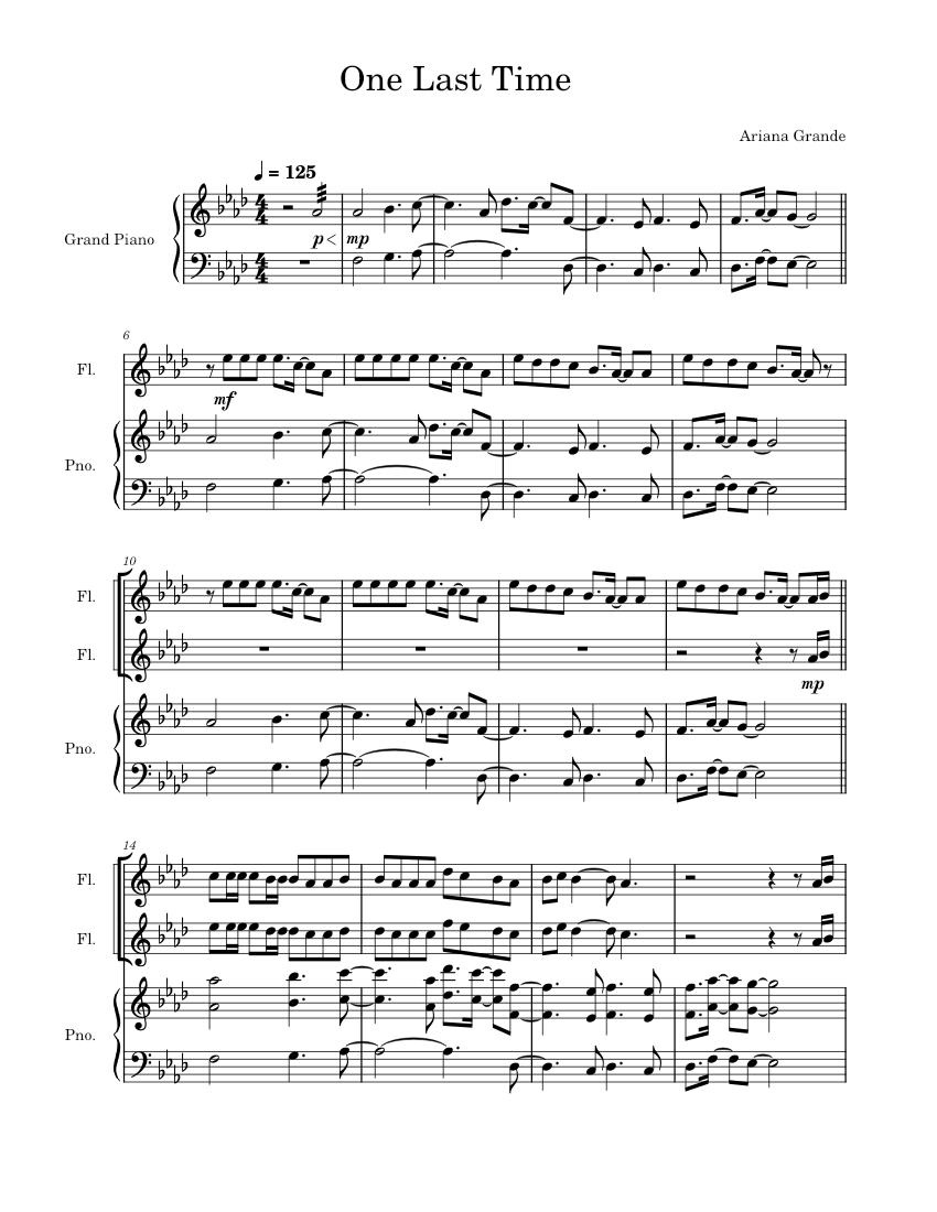 One Last Time – Ariana Grande Sheet Music for Piano, Flute (Mixed ...
