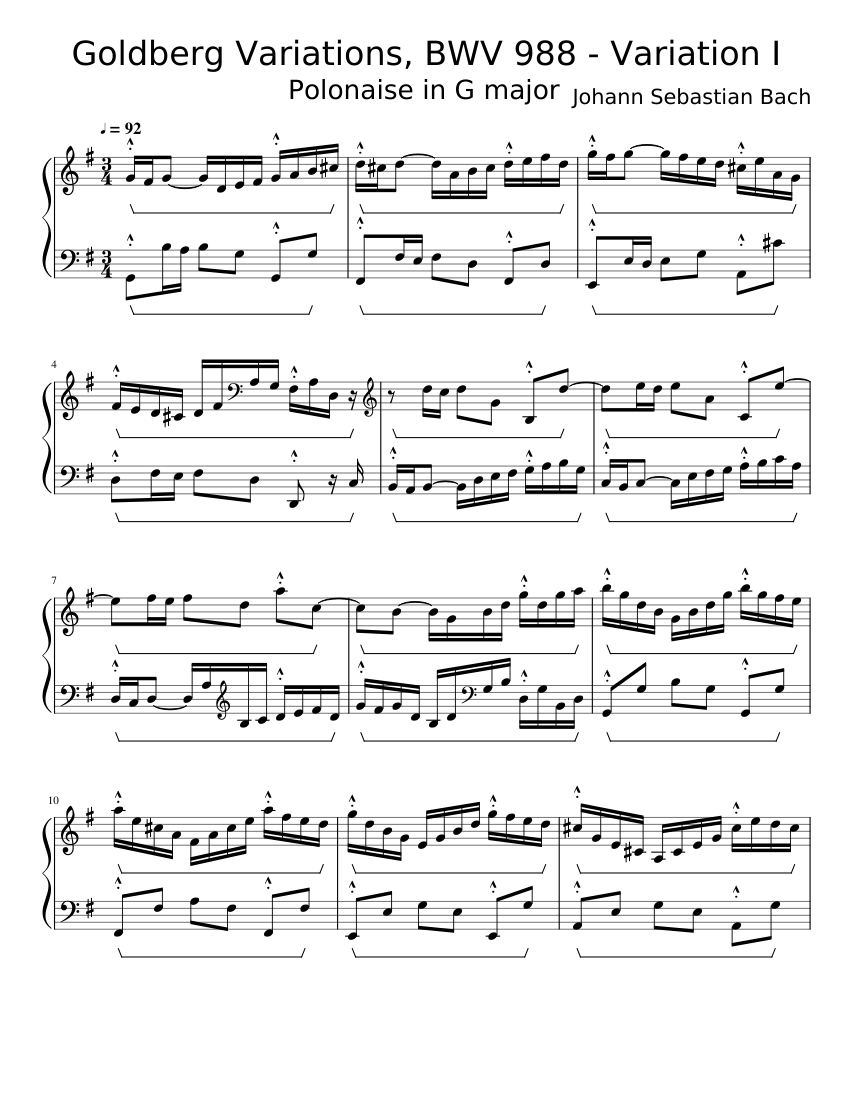 Goldberg Variations, BWV 988 - Variation 1 for single manual Sheet ...