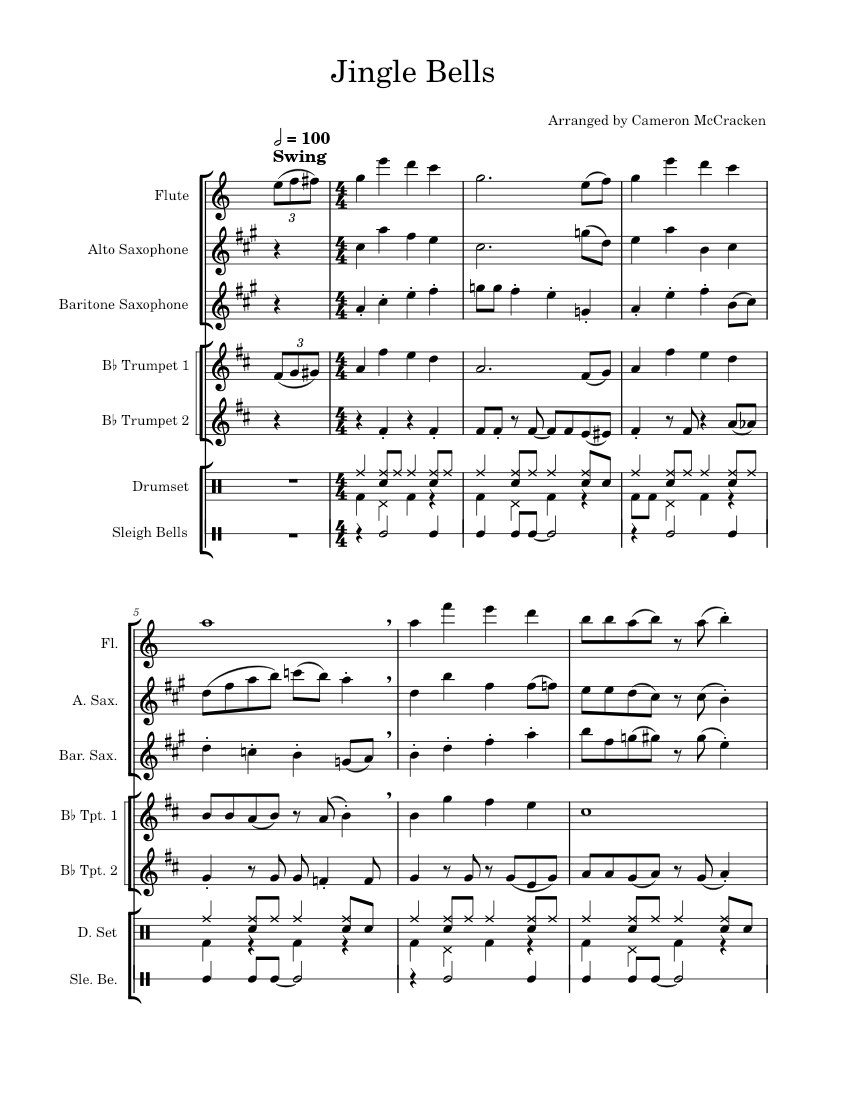 Jingle Bells | Small Pep Band Sheet Music for Flute, Saxophone alto ...