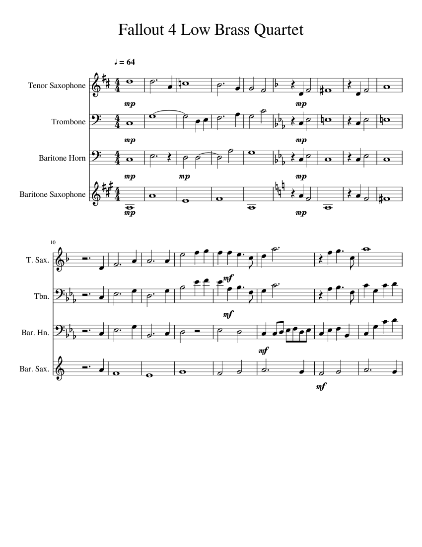 Fallout 4 Low Brass Quartet Sheet music for Trombone, Saxophone tenor ...