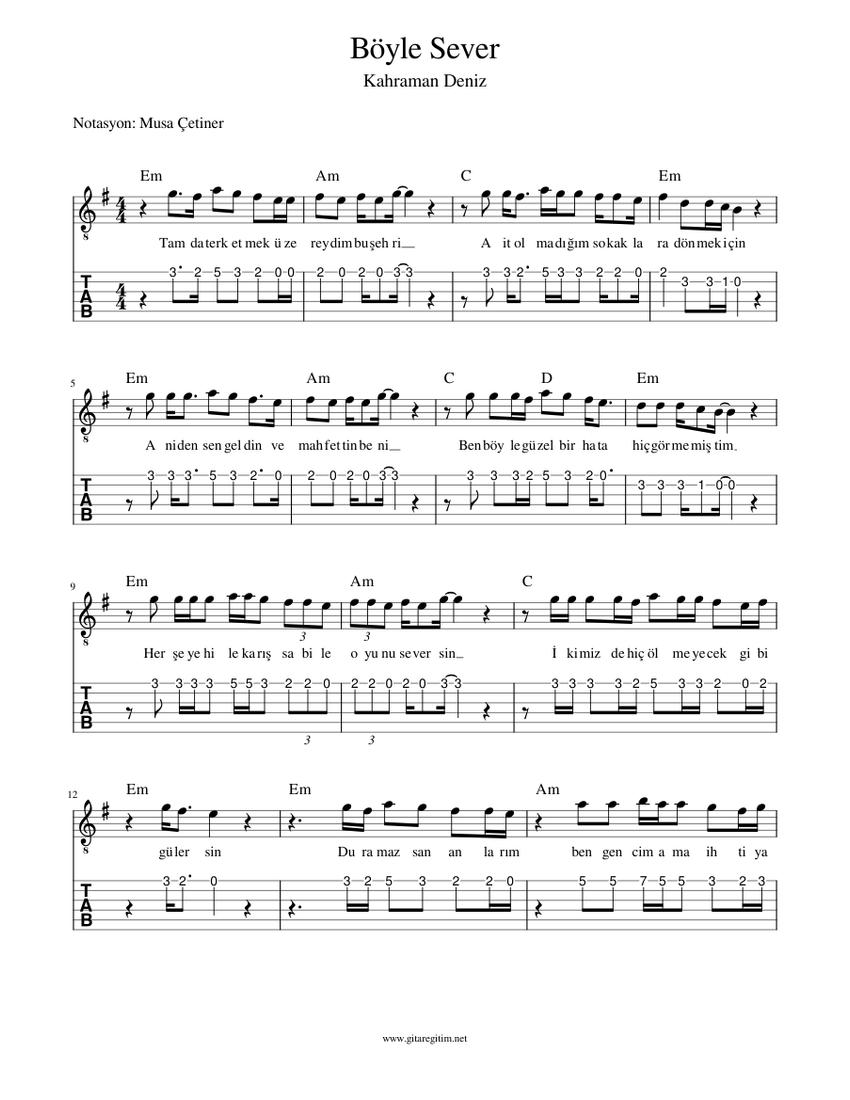 Böyle Sever Sheet Music and Tab with Chords for Guitar (Solo ...