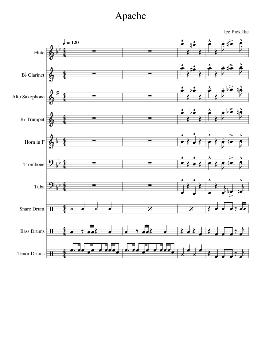 Apache Sheet Music for Trombone, Tuba, Flute, Clarinet in b-flat & more ...