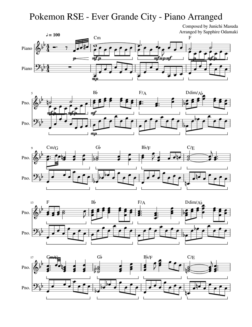 Ever Grande City - Junichi Masuda Sheet Music with Chords for Piano ...