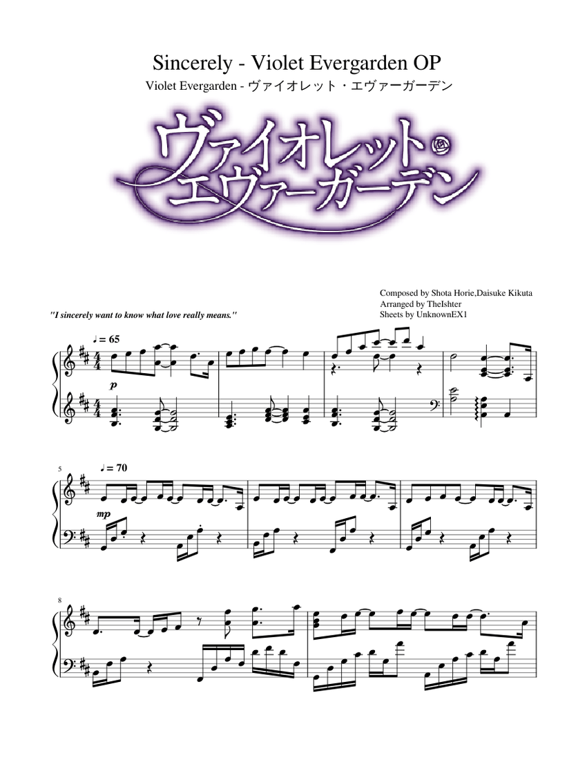 [Theishter arr.] Sincerely - Violet Evergarden OP Sheet Music for Piano ...