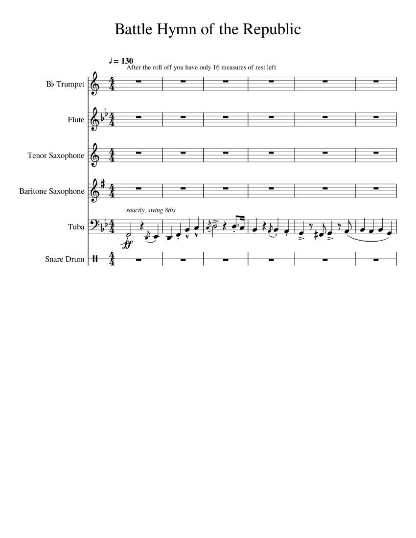 Fly Eagles Fly Sheet Music for Tuba, Flute, Saxophone tenor, Saxophone ...