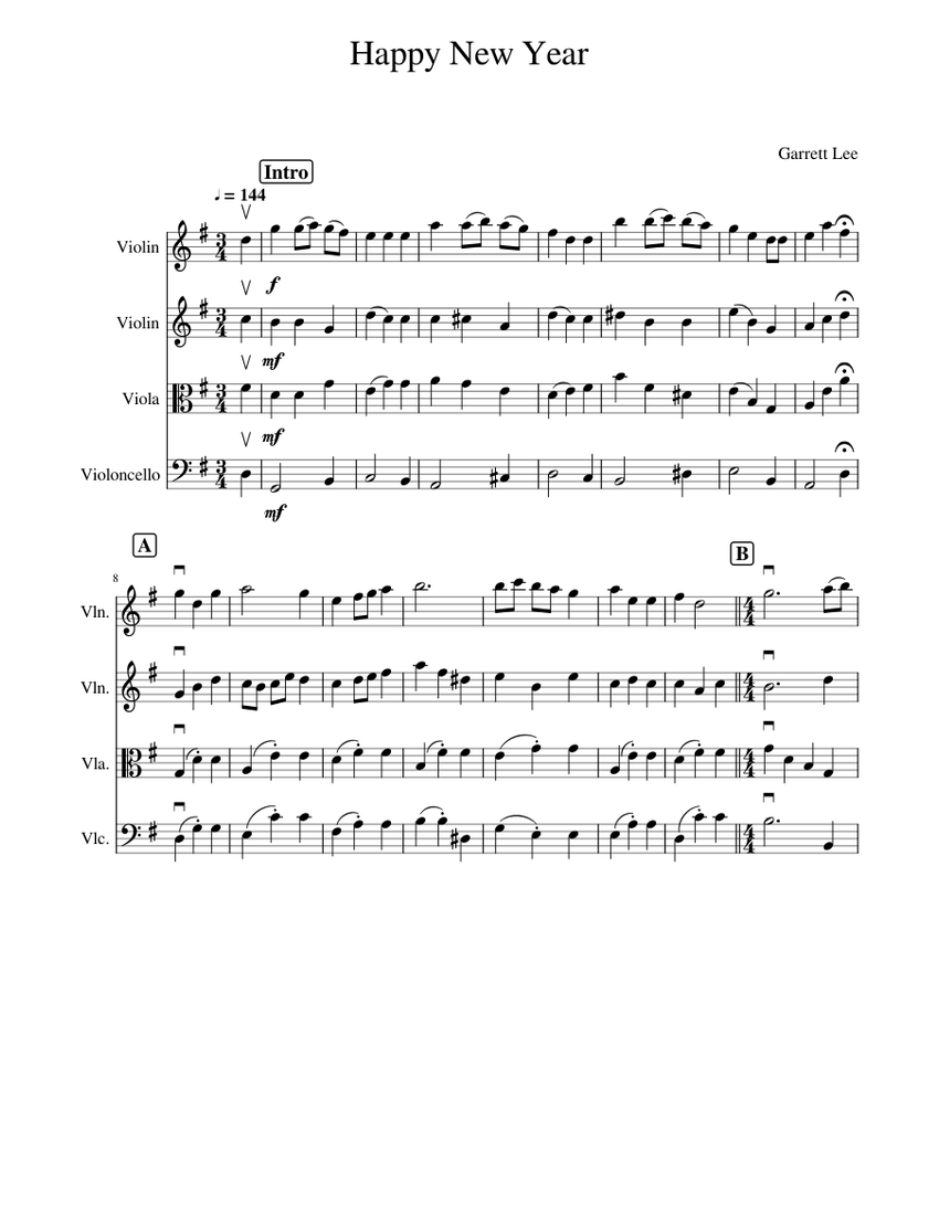 Happy New Year Sheet Music for Violin, Viola, Cello (String Quartet ...