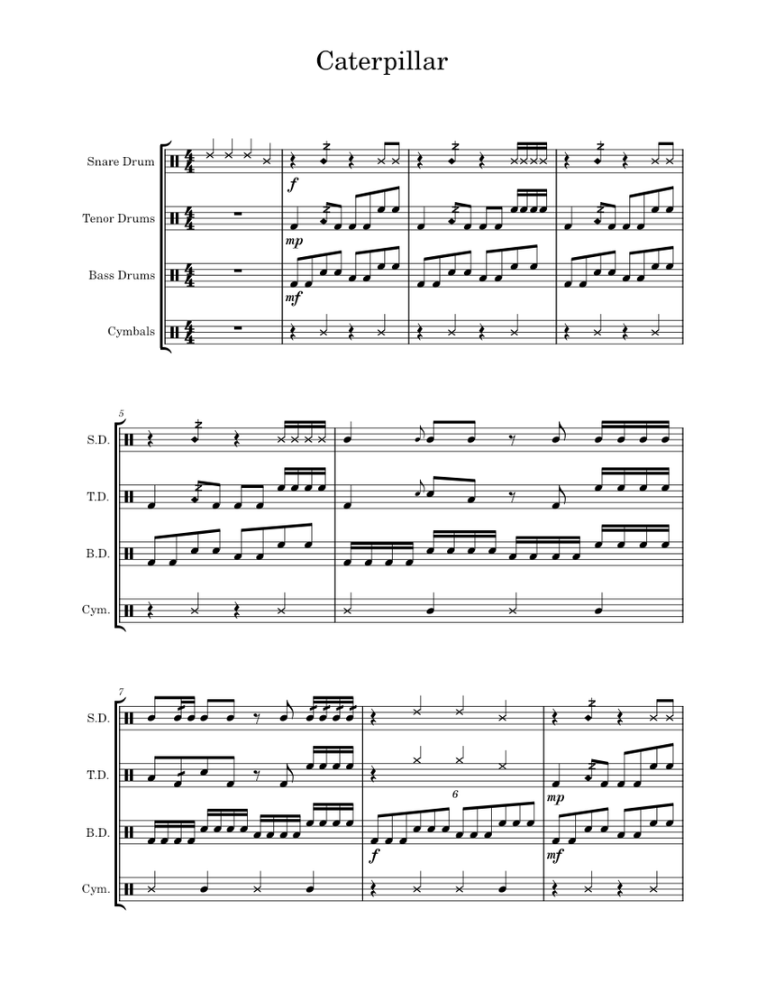 Caterpillar Sheet Music for Snare drum, Crash, Tenor drum, Bass drum ...