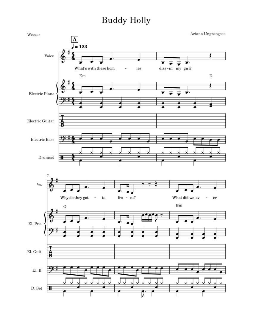 Buddy holly – Weezer in Em Sheet music for Piano, Vocals, Guitar, Bass ...