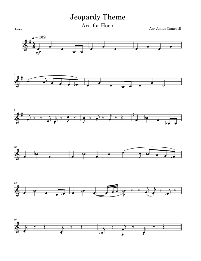 Jeopardy Theme, Arr. Horn Sheet music for Trumpet in b-flat (Solo ...