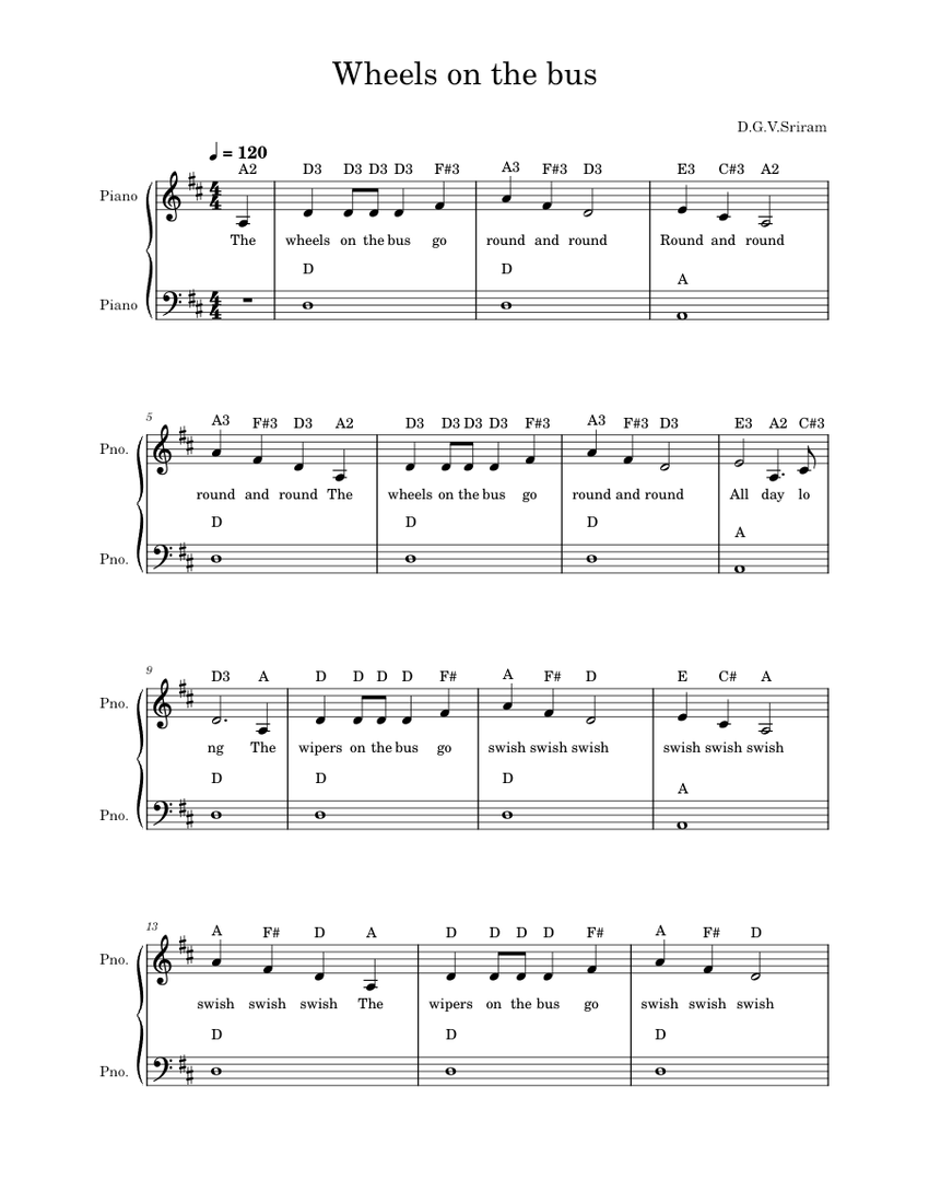 The wheels on the bus – Misc Children Sheet Music for Piano (Piano Duo ...
