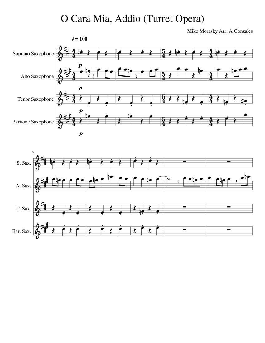 O Cara Mia Addio Turret Opera Sheet Music for Saxophone alto, Saxophone tenor, Saxophone ...