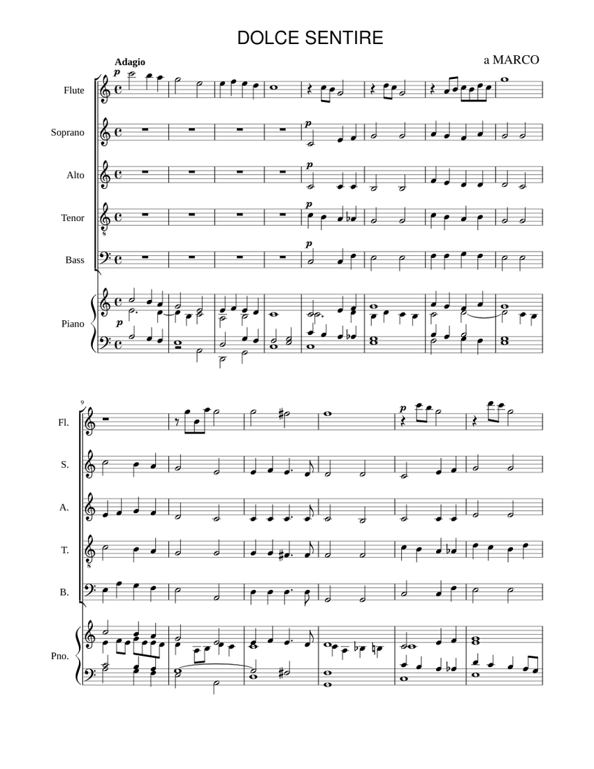 Dolce Sentire Con Flauto Sheet Music For Piano Flute Bass Guitar