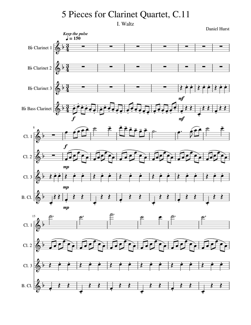 5 Pieces for Clarinet Quartet - Mvt. 1 Sheet Music for Clarinet in b ...
