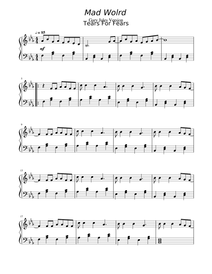 Mad Wolrd-Gary Jules/Tears For Fears Sheet music for Piano (Solo) Easy | Musescore.com