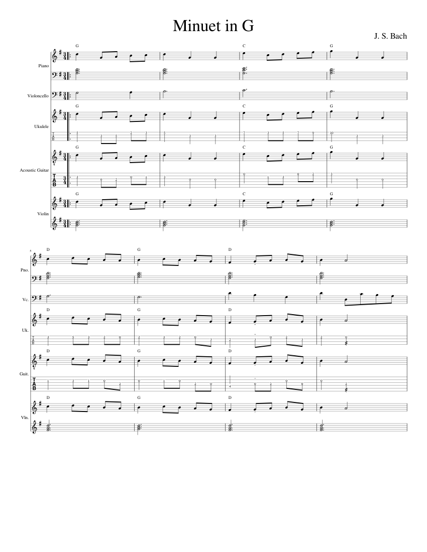 Minuet in G - J. S. Bach Sheet music for Piano, Violin, Cello, Guitar ...