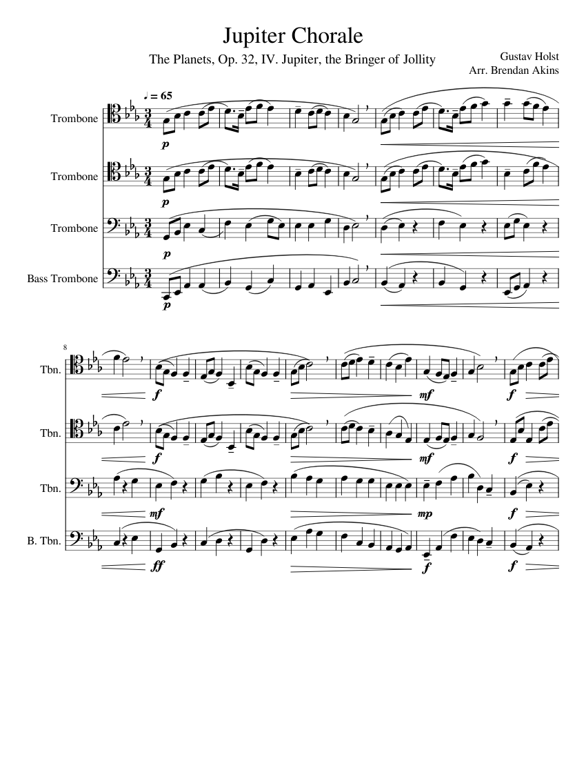 Jupiter Chorale Sheet Music for Trombone, Trombone bass (Mixed Quartet ...