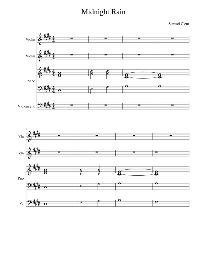 Midnight Rain Sheet Music for Piano, Violin, Cello (Mixed Quartet ...