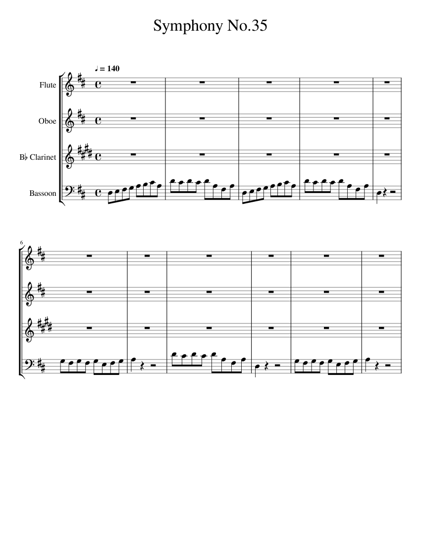Symphony No 35 Sheet music for Flute, Oboe, Clarinet in b-flat, Bassoon ...