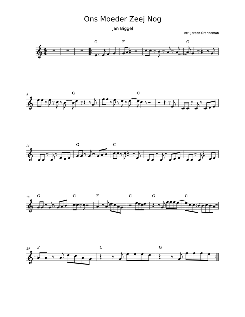 Ons Moeder Zeej Nog - Jan Biggel klarinet Sheet music for Flute (Solo ...