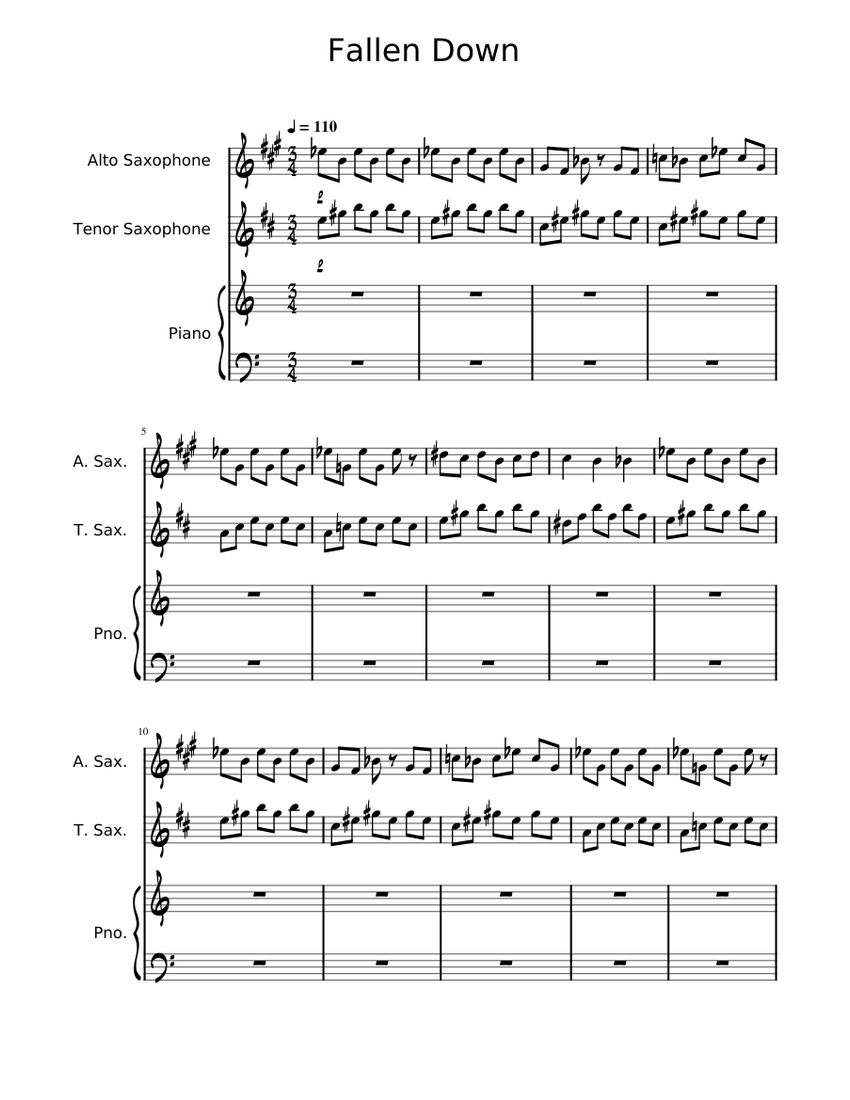 Fallen Down Sheet Music for Piano, Saxophone alto, Saxophone tenor ...