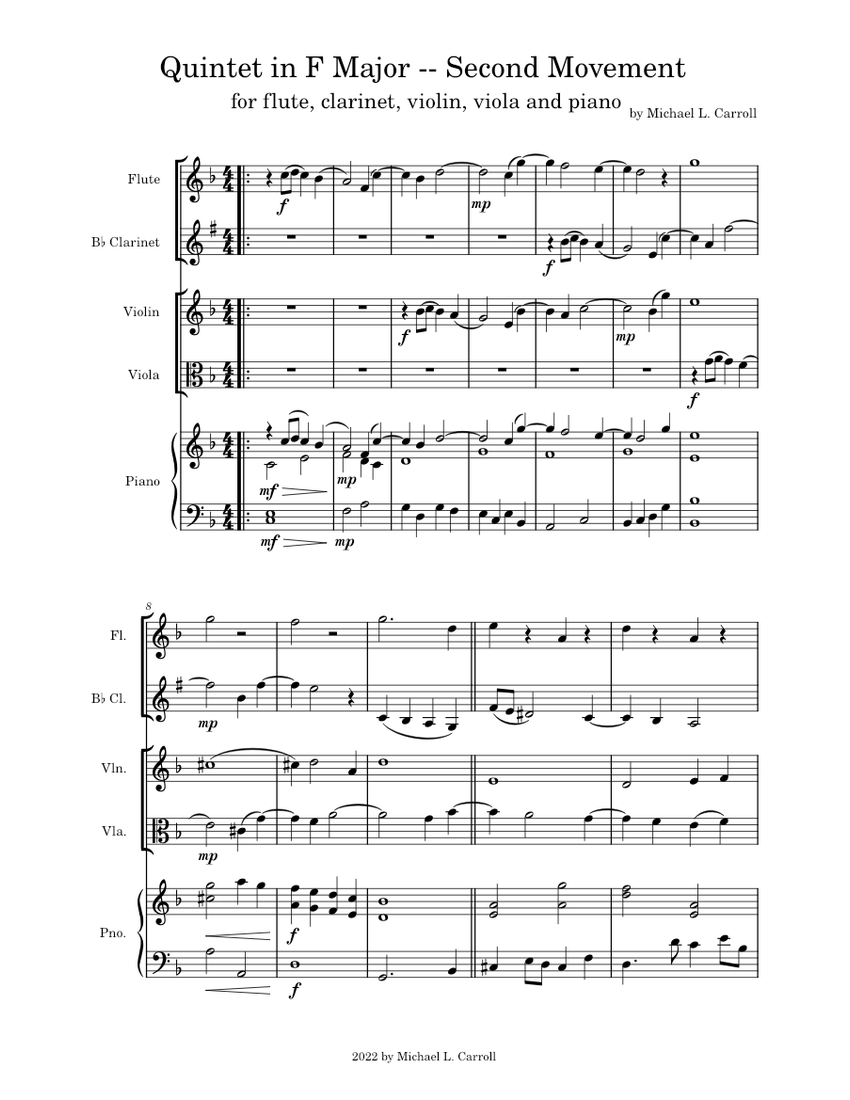Quintet in F Major -- Second Movement Sheet music for Piano, Flute, Clarinet in b-flat, Violin ...