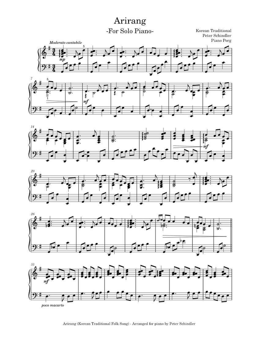Arirang – Korean Traditional (arranged Schindler for piano) Sheet music ...