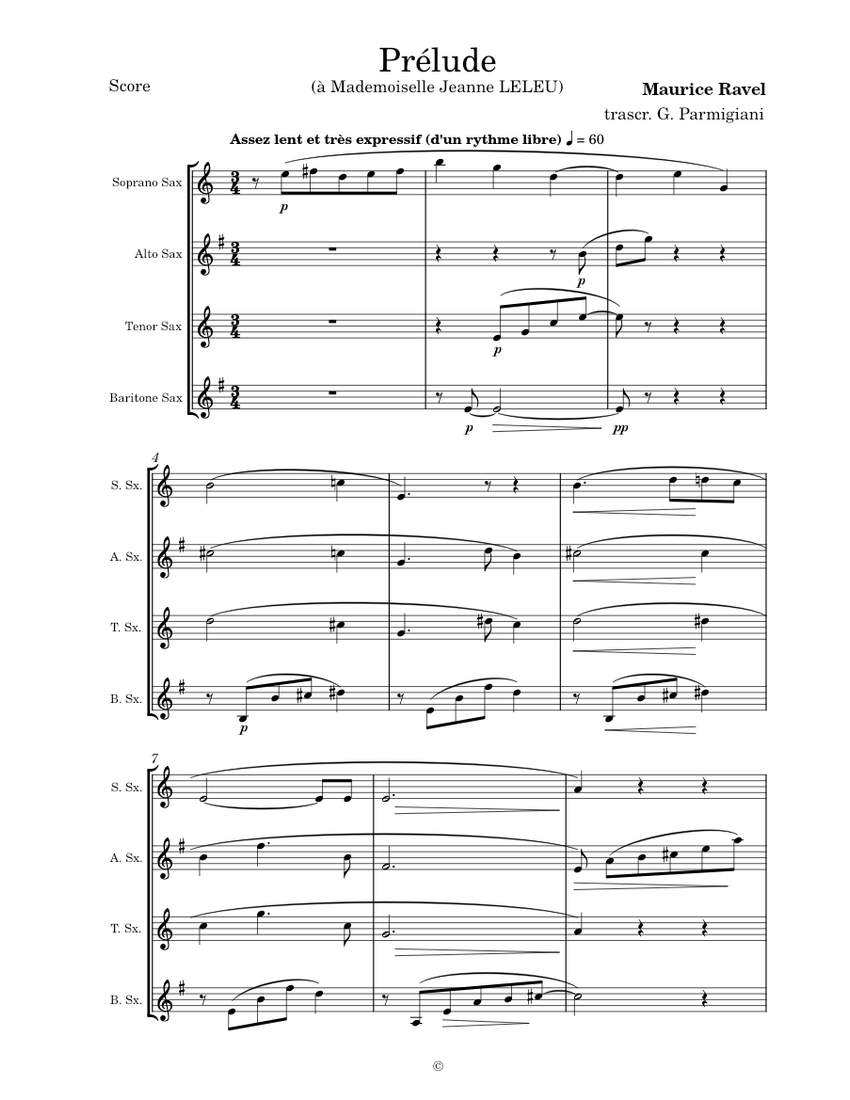 RAVEL - Prélude (à Mademoiselle Jeanne Leleu) Sax Quartet Sheet music ...