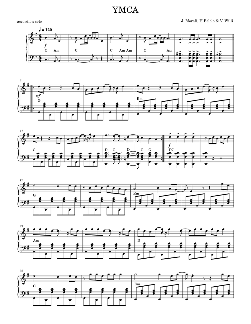 YMCA – Village People Sheet Music with Chords for Accordion (Solo ...