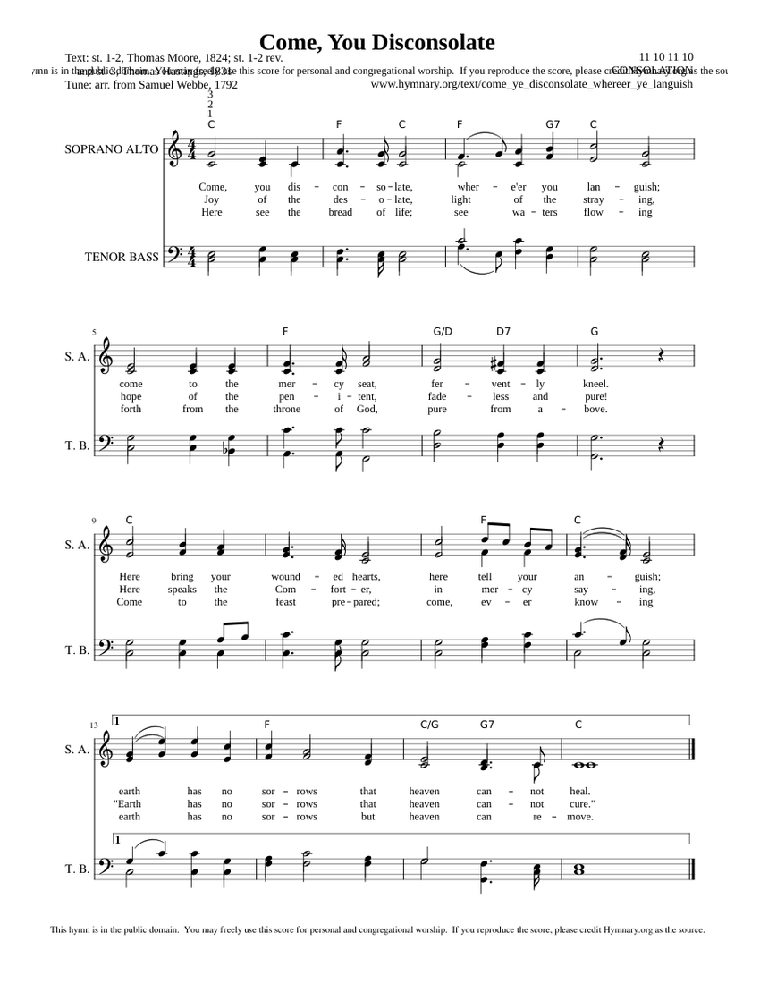 Come, ye disconsolate, where'er ye languish - Samuel Webbe Sheet music ...