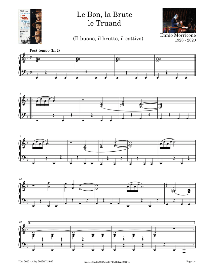 Le Bon, la Brute, le Truand – Ennio Morricone Sheet Music for Piano ...